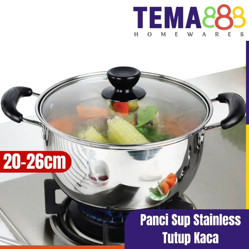 Jual Panci Sup Stainless Steel | Soup Pot Tutup Kaca 26cm 24cm 22cm ...
