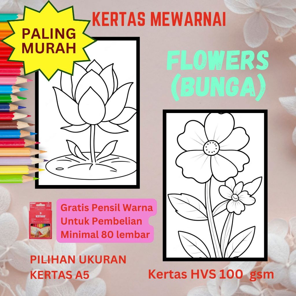 Jual Kertas Mewarnai Ukuran A5 / BUNGA (FLOWERS) / Buku Gambar Mewarnai ...