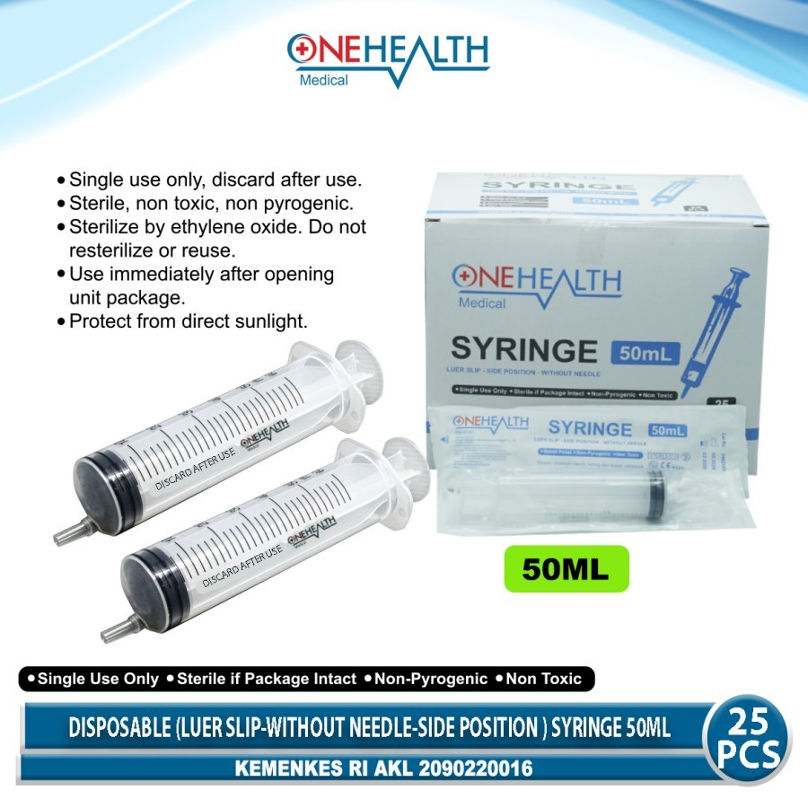 Jual ONEHEALTH Syringe/SUNTIK 50 ML (Without Needle/tanpa jarum, Side Position, Luer Slip)/box ...