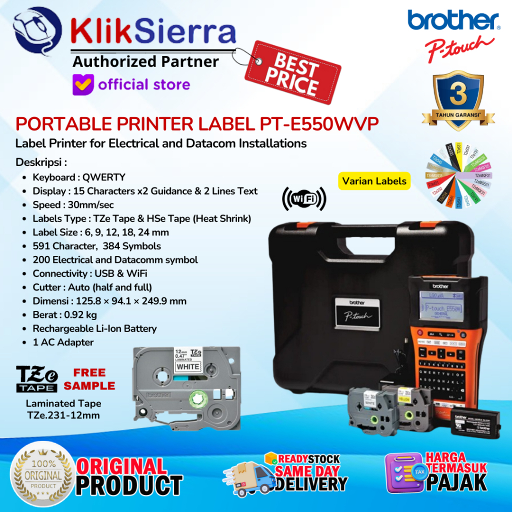 Jual BROTHER PTouch PT-E560BT pengganti PT-E550WVP Printer Label Tube ...