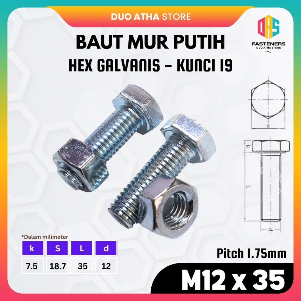 Jual BMP M12x35 Baut Mur Putih M12 x 35 Galvanis Kunci 19 | Shopee Indonesia