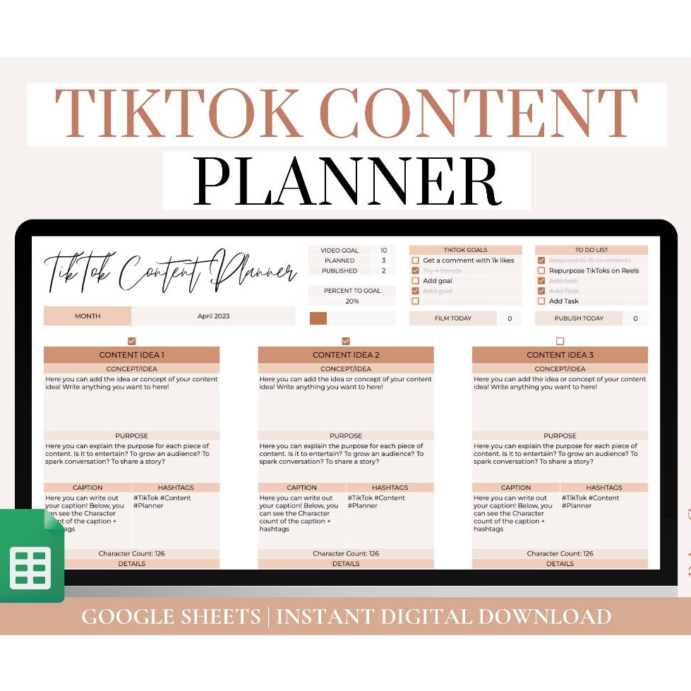 Jual TikTok Content Planner Spreadsheet, Digital TikTok Planner, Google ...