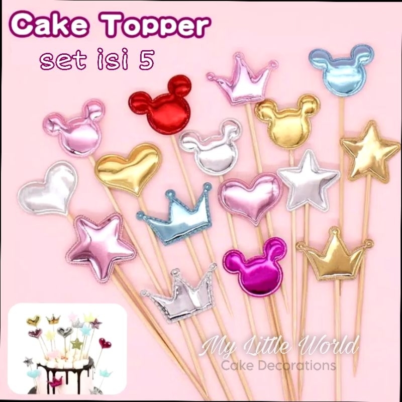 Jual [1 set isi 5] Cake Topper Glossy PU Hati Bintang Mahkota Tusukan Cupcake Hiasan Kue Ulang ...