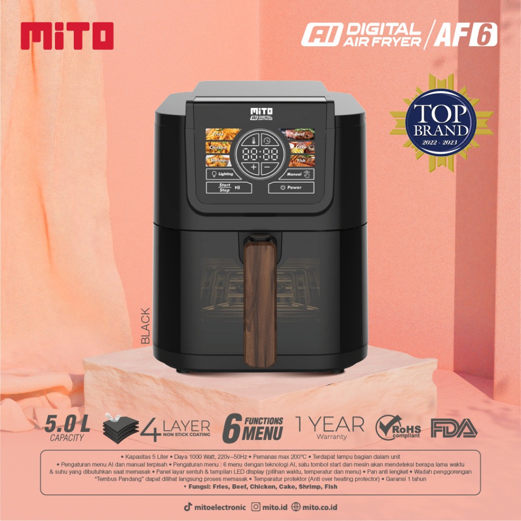 Jual MITO Digital Air Fryer Airfryer AF6 AF 6 AF-6 kapasitas 5L Smart AI-Fryer Digital Low Watt ...