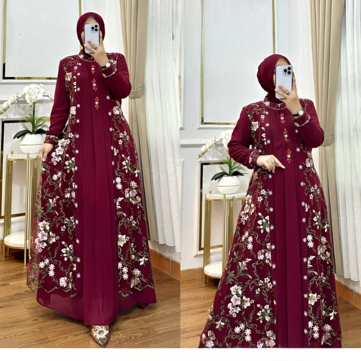 Jual Gamis Brukat Kondangan Misela Maxy BO Bahan Kain Ceruty Babydoll Full Puring Mix Brokat ...