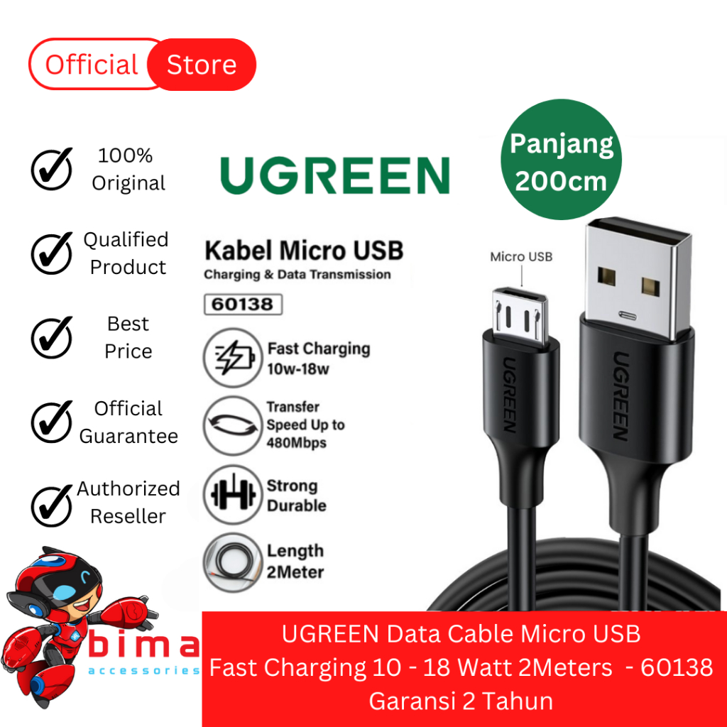 Jual UGREEN Kabel Data Fast Charging Cable Micro USB 18 Watt Panjang 2 Meter / 200 Cm - 60138 ...