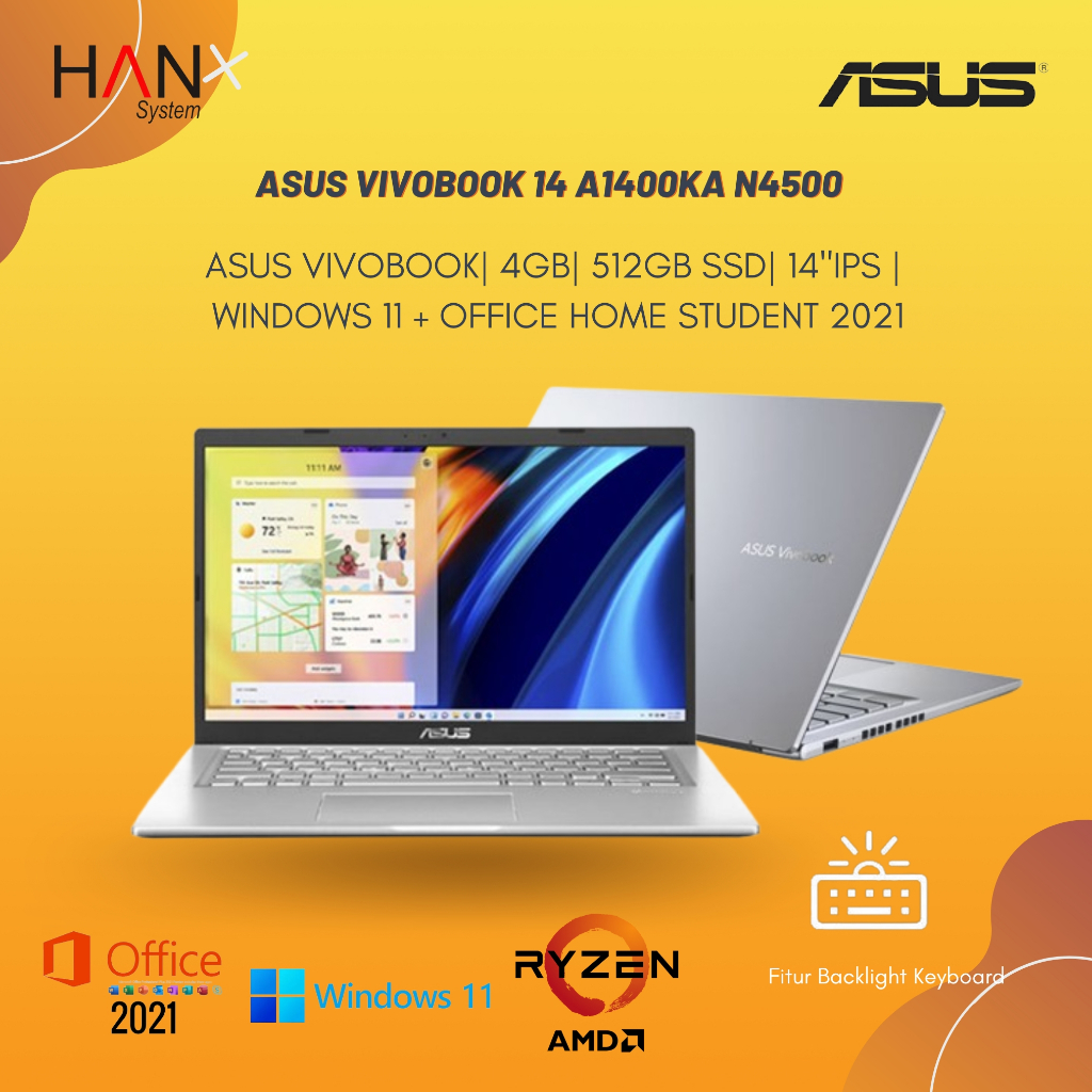 Jual ASUS VIVOBOOK 14 A1400KA N4500 4GB 512GB W11+OHS 14.0FHD BLIT SLV ...
