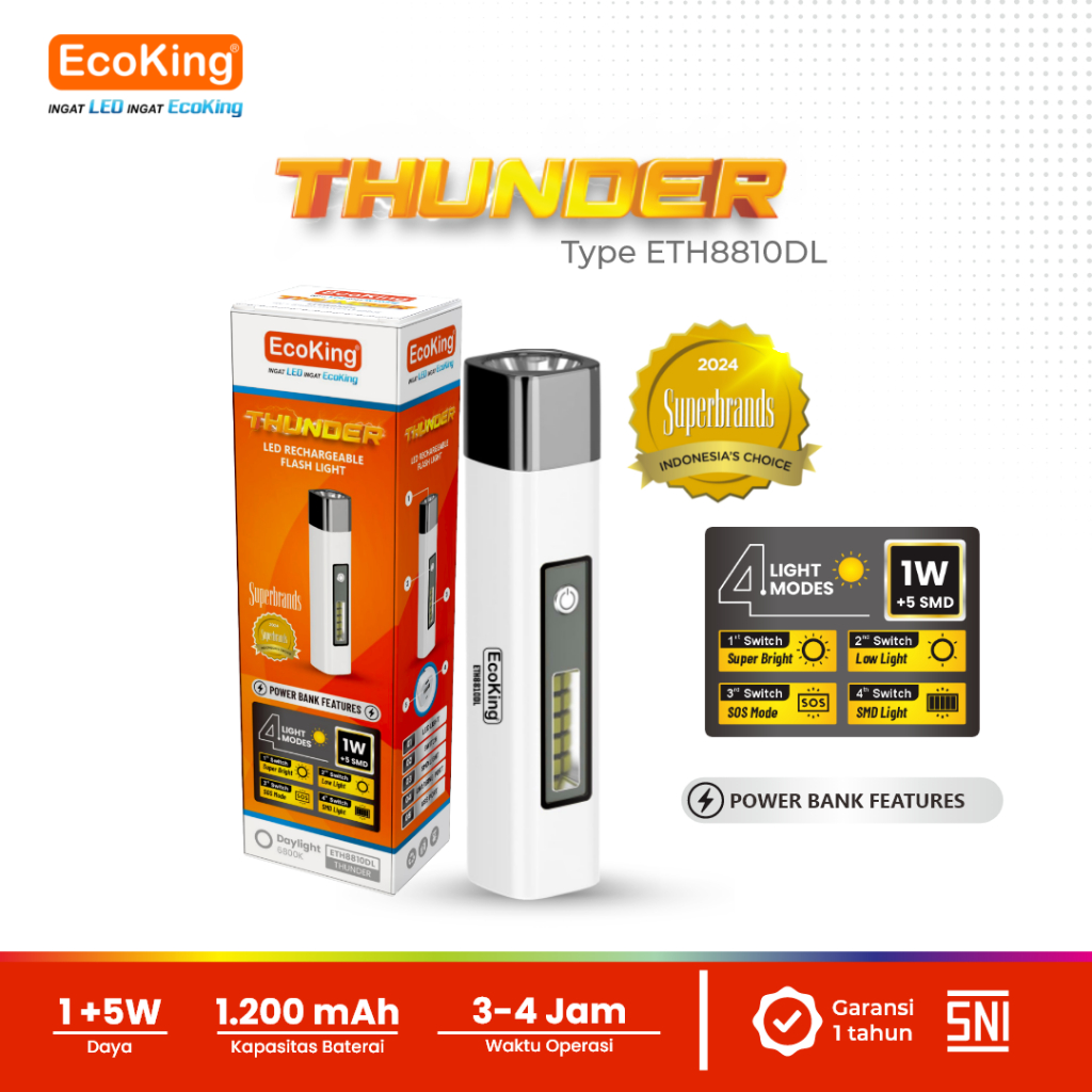 Jual EcoKing LED Thunder Flash Light Lampu Senter 1W + 5SMD Light ...