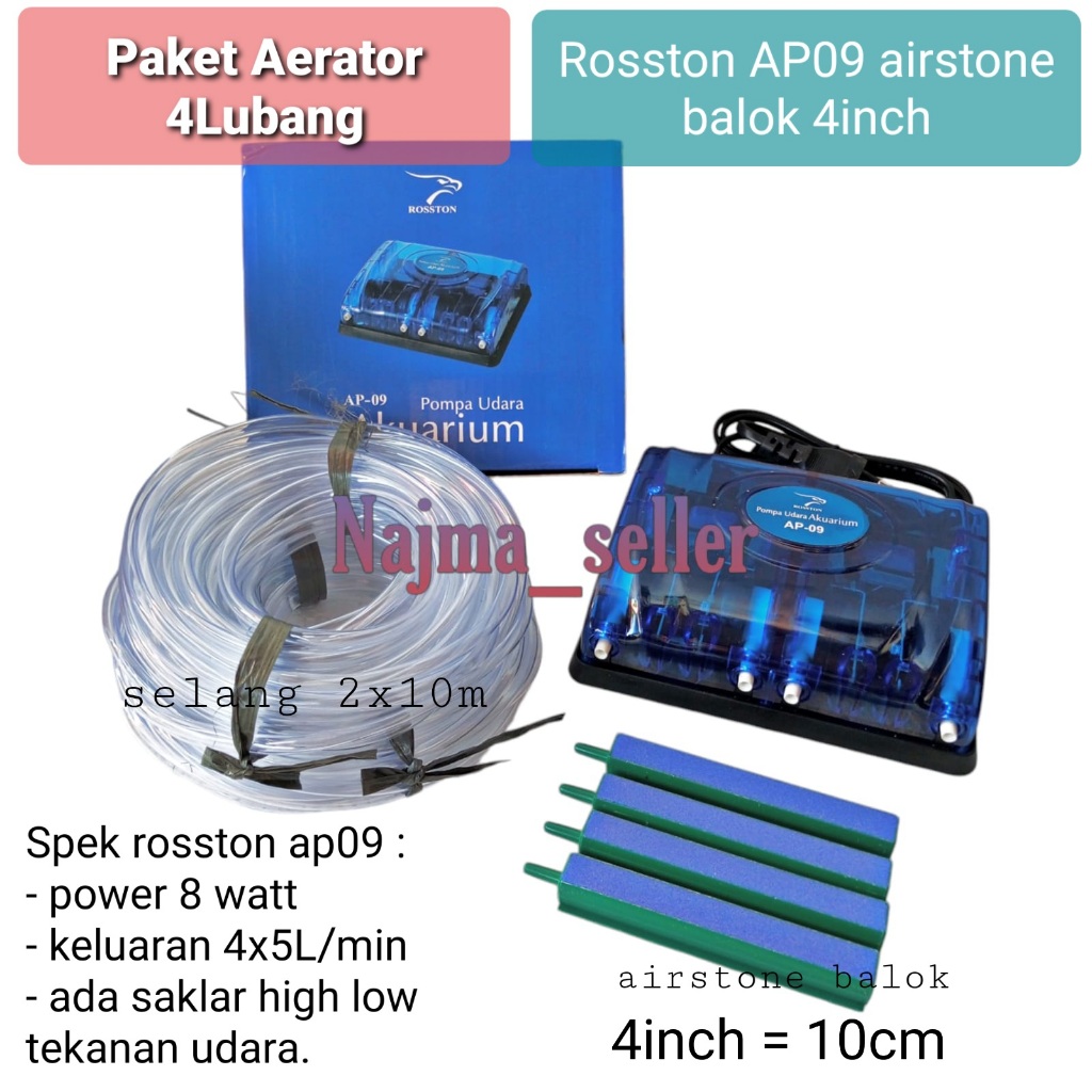 Jual NAJMASELLER - Paket Aerator 4 Lubang Rosston AP-09 Airstone Balok. Paket aerator komplit ...