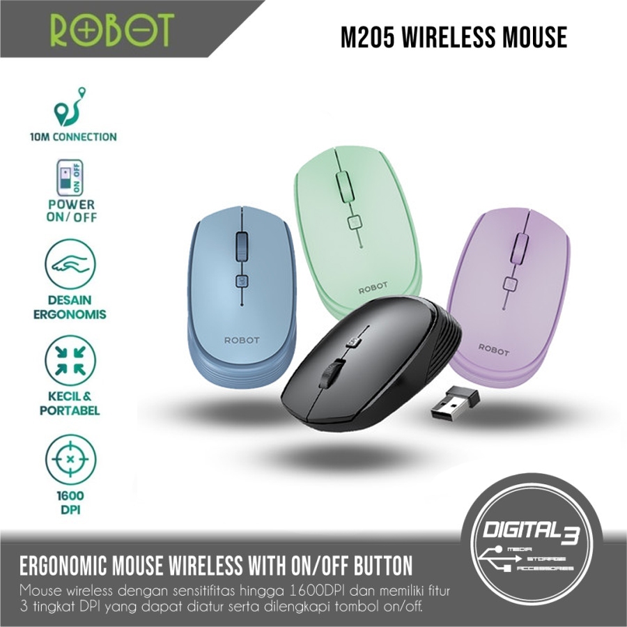 Jual ROBOT M205 Mouse Wireless 1600DPI Optical Tombol On/Off | Shopee ...