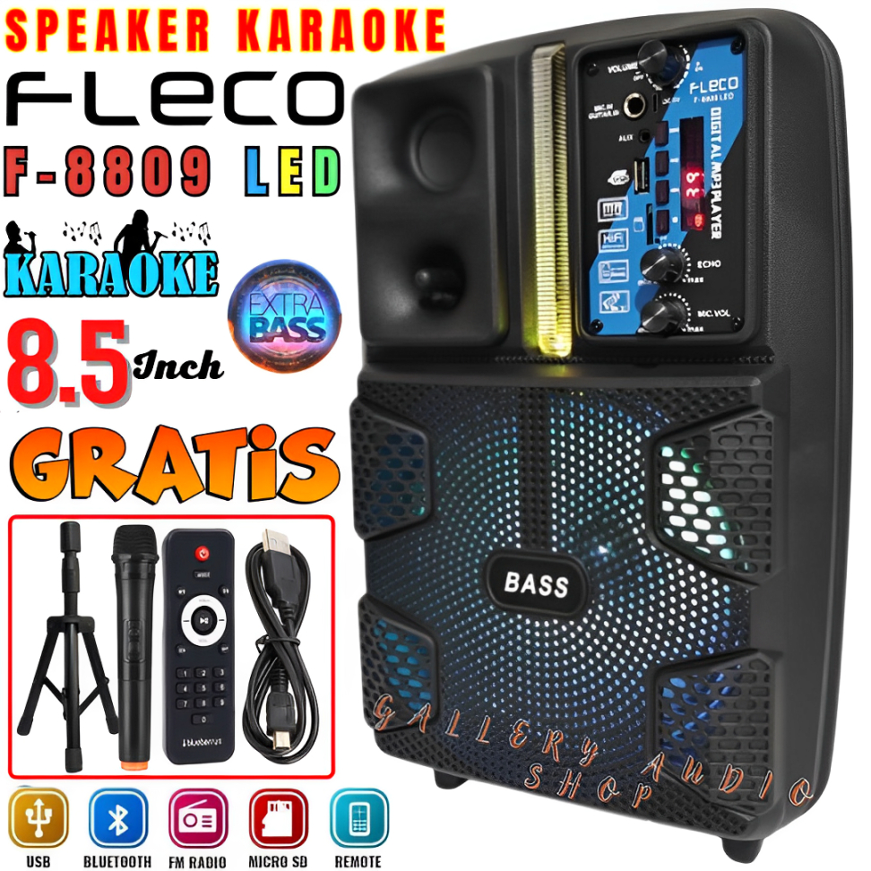 Jual Speaker Bluetooth Fleco F 8809 LED 8'5 Inch Wireless Karaoke + Remote + Stand Speaker ...