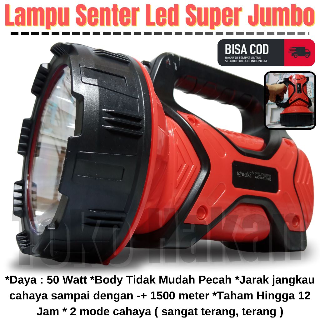 Jual Senter Jumbo Aoki AK-6671 Senter Led Super JUMBO 50 Watt Cahaya ...