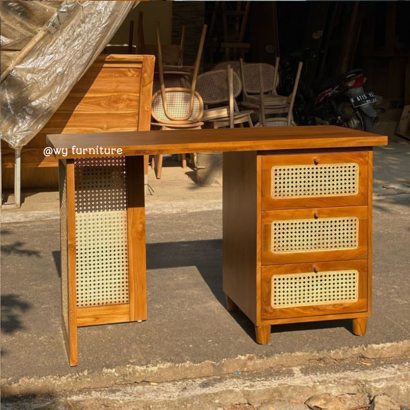 Jual Meja Kantor Minimalis Kayu jati variasi rotan 3 laci, meja kerja ...