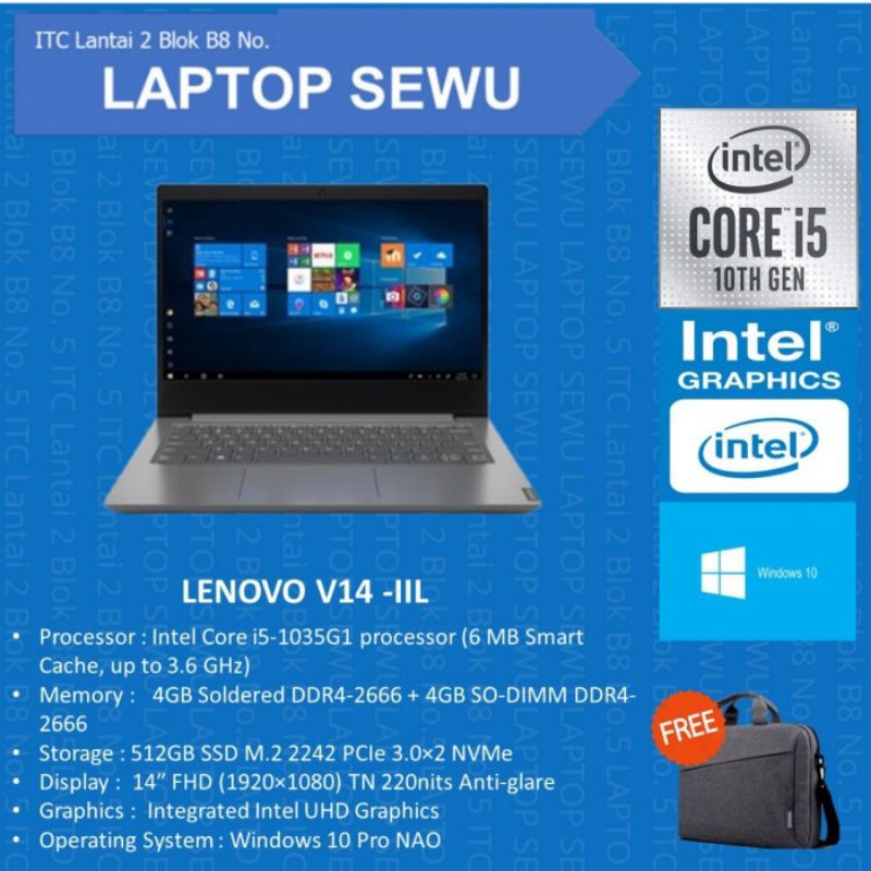 Jual LENOVO V14-IIL CORE i5-1035G1 8GB SSD 512GB UHD 14" FHD WIN10 PRO | Shopee Indonesia