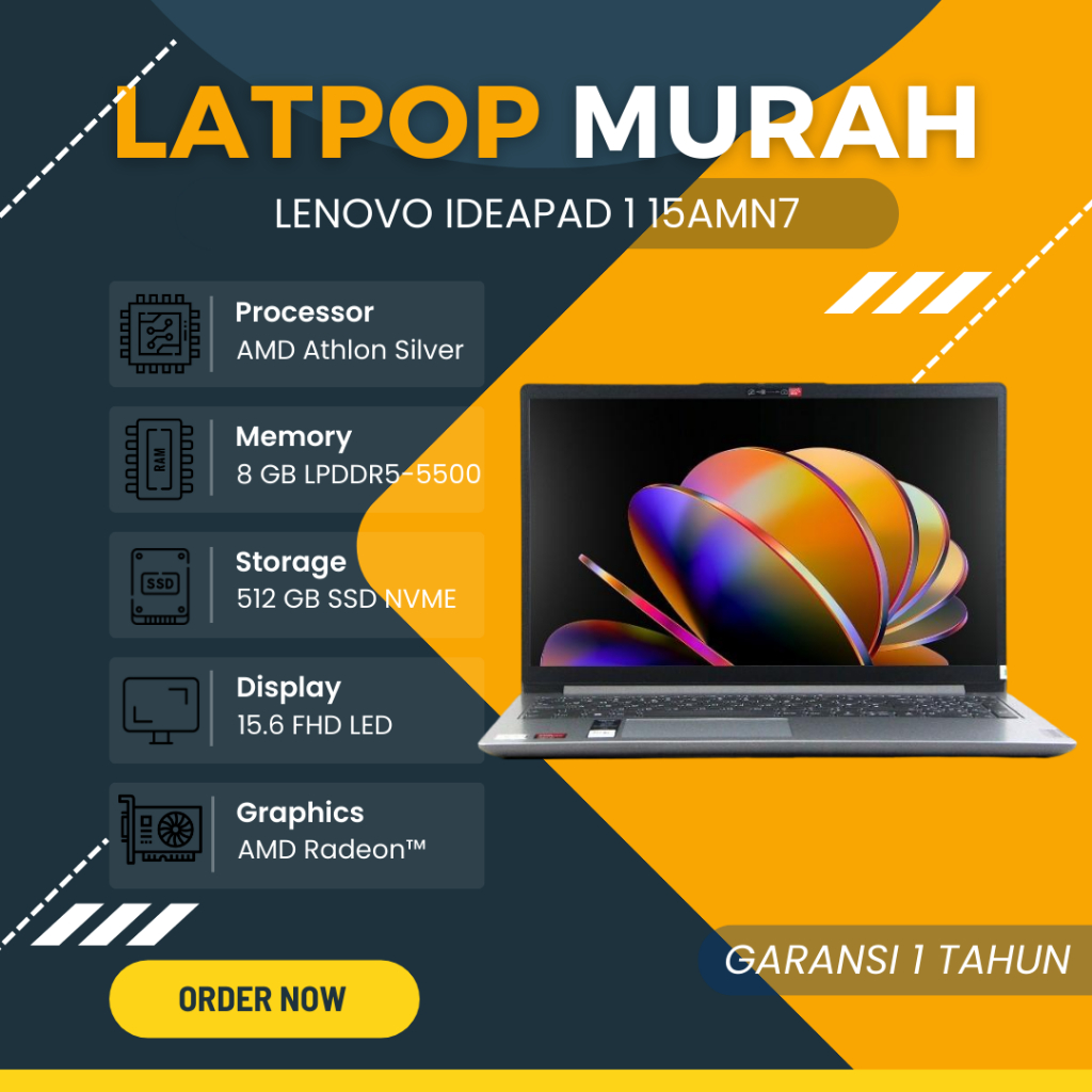 Jual Lenovo IdeaPad 1 Slim 15AMN7 / AMD Athlon Silver / 8GB DDR5 / SSD 512GB / WiFi6 / 15.6 ...
