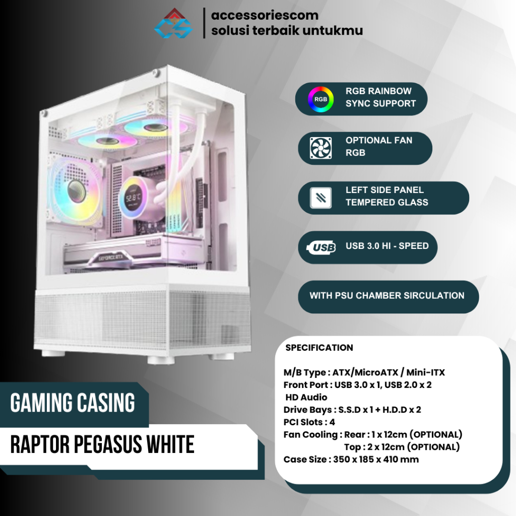 Jual Casing Gaming RAPTOR Pegasus White ATX/M-ATX/ITX + Port USB 3.0 ...