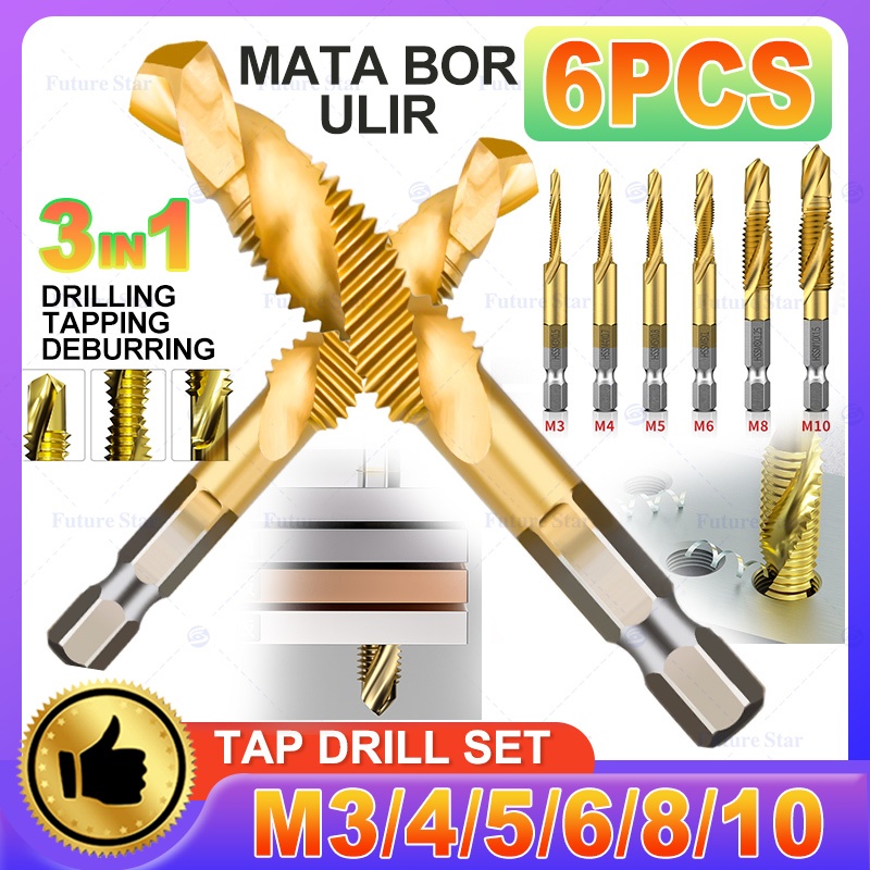 Jual Mata Bor Pembuat Ulir 6PCS Titanium Combination Drill and Tap Bit ...