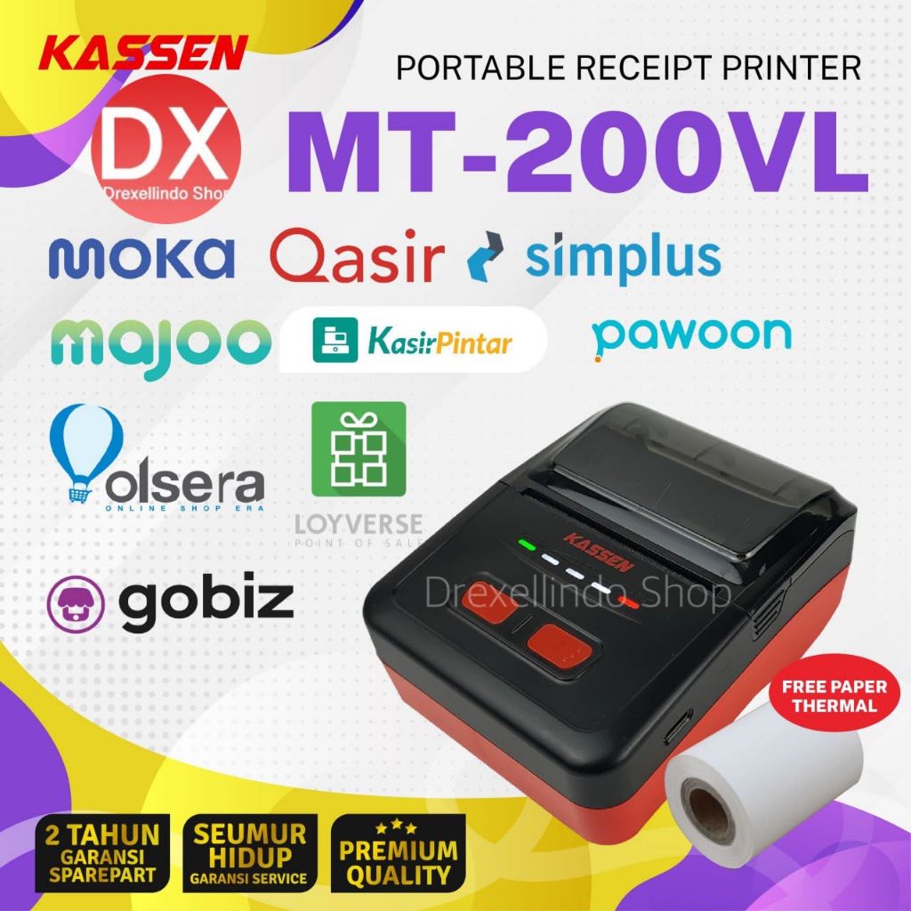 Jual Mobile Printer Thermal Struk Kasir 58mm KASSEN MT-200VL / MT200VL / MT200 USB BLUETOOTH ...