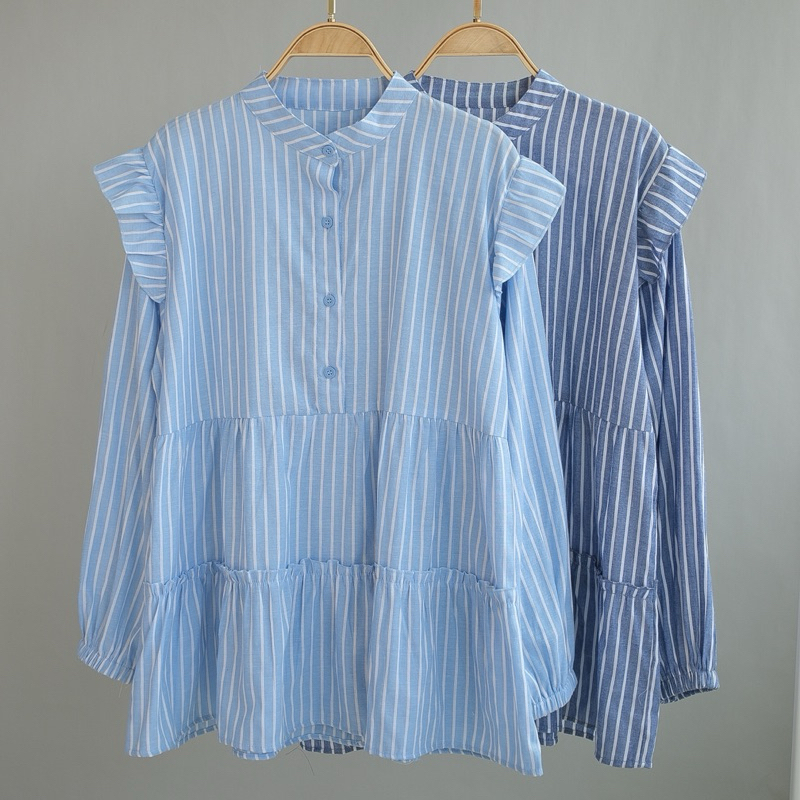 Jual Stripe Shirt / Kemeja Salur Wanita Lengan Panjang / Blouse ruffle ...