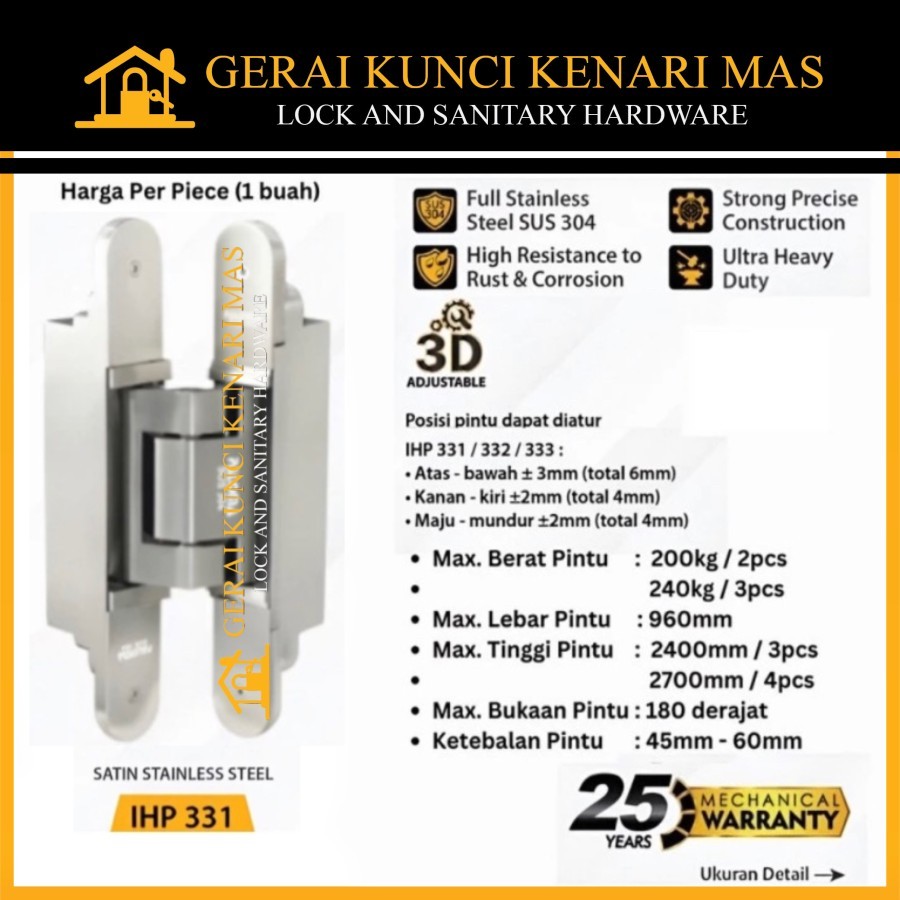Jual PALOMA Engsel Tanam Invisible Concealed Hinge Pintu Max 200kg/Pair ...