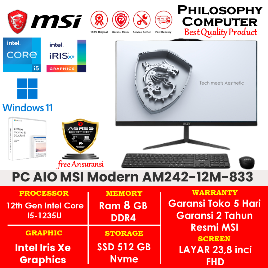 Jual MSI PC AIO Modern AM242 i5 1235 8GB 512GB W11+OHS 23.8FHD IPS BLK ...