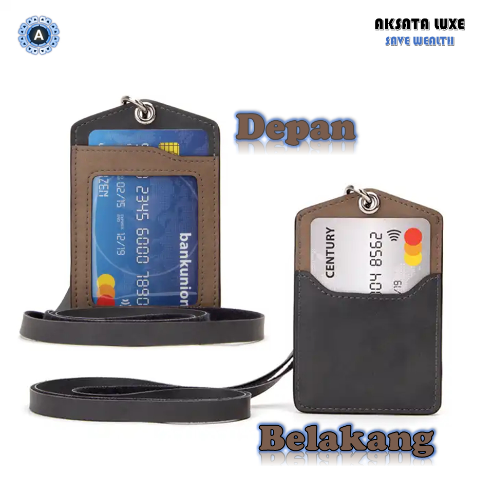 Jual Aksata Luxe ID Card Holder Karyawan Kulit PU lanyard Coklat Abu ...