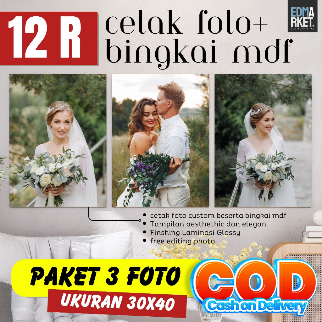 Jual [PAKET 30x40 isi 3Pcs -12R] CETAK FOTO DENGAN BINGKAI MDF GANTUNG ...
