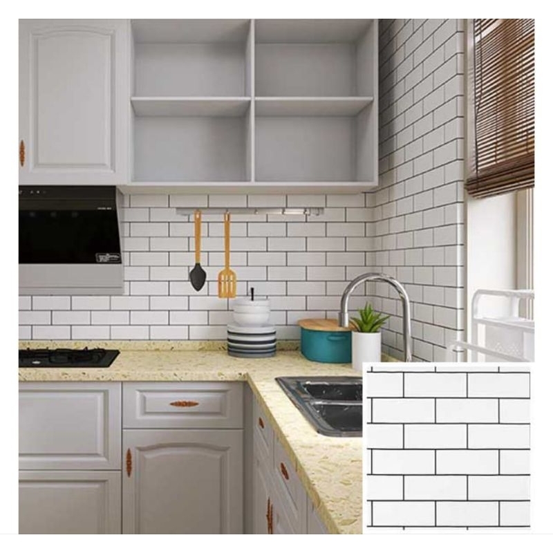Jual Wallpaper Stiker Glossy Kitchen Set Motif Batu Bata Putih Mewah ...