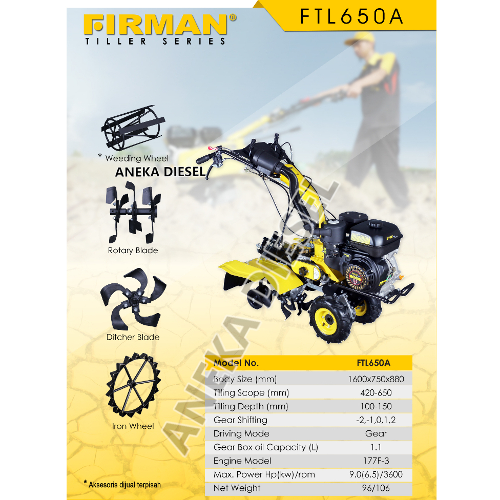 Jual Mesin Bajak Sawah Traktor Solar FIRMAN FTL 650A FIRMAN Engine 177F ...