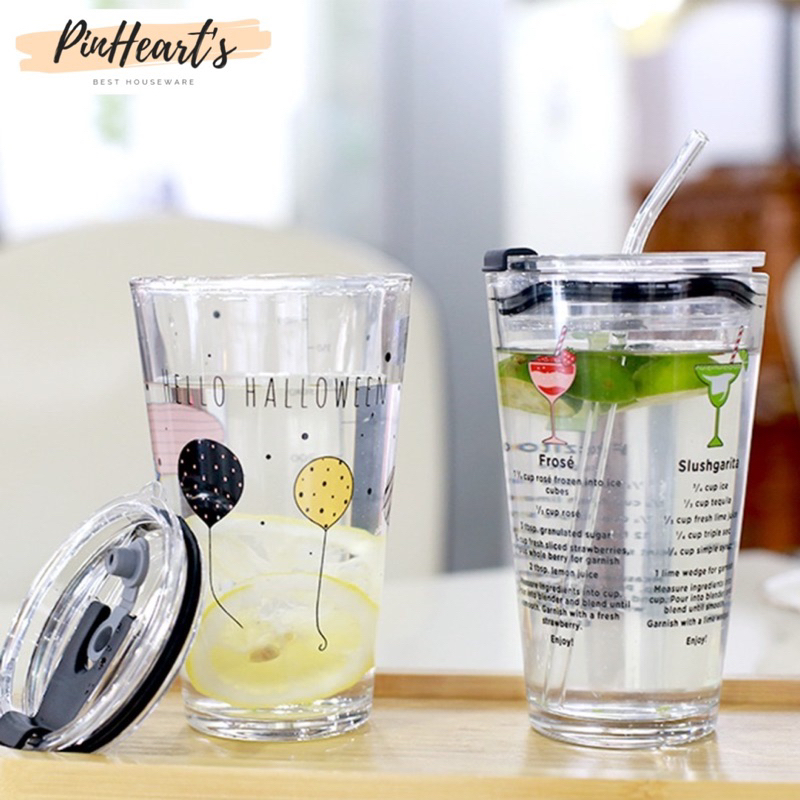 Jual GELAS KACA TUMBLER AESTHETIC DENGAN MOTIF + SEDOTAN KACA TRANSPARAN TAHAN PANAS / TUMBLER ...