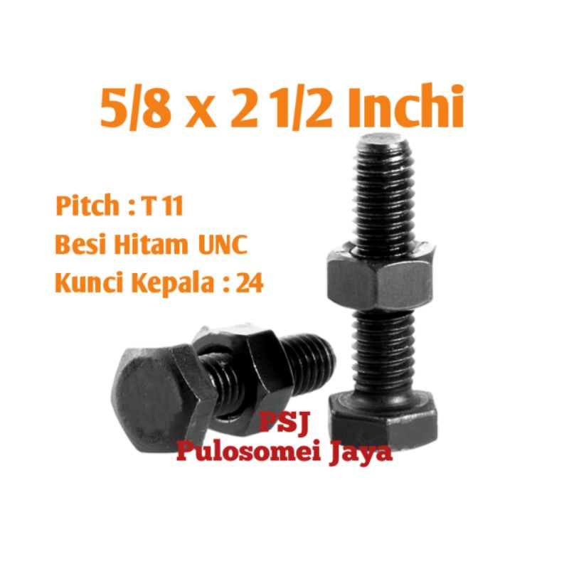 Jual Baut Mur Besi Hitam 5/8 x 2 1/2 UNC / Hexagon Bolt UNC | Shopee Indonesia