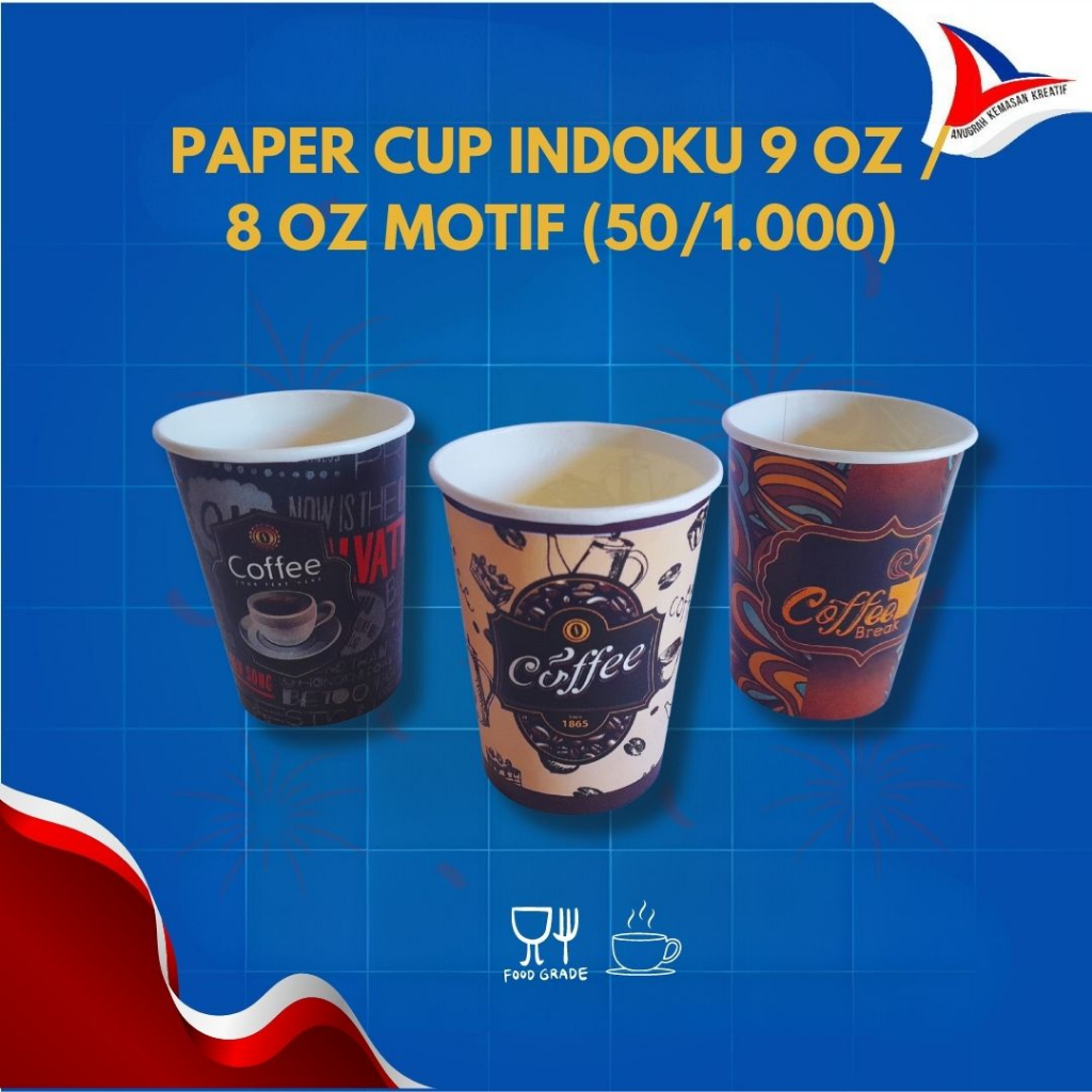 Jual PAPER CUP INDOKU 9 OZ / 8 OZ MOTIF / GELAS KERTAS KOPI ISI 50 PCS | Shopee Indonesia