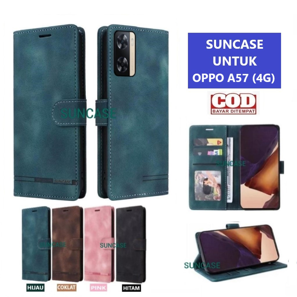 Jual Casing OPPO A57 (4G) 2022 model flip buka tutup case kulit ada tempat foto dan kartu juga ...