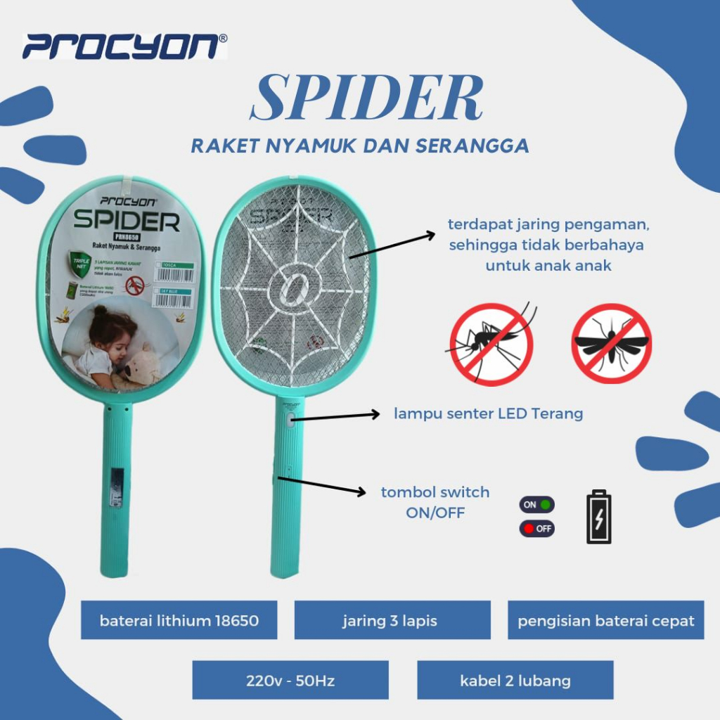 Jual PROCYON RAKET NYAMUK SPIDER BATERAI LITHIUM | Shopee Indonesia