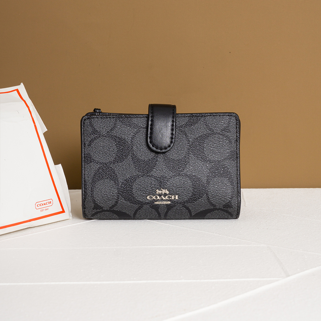 Jual Dompet Lipat Coach Medium Corner Zip Wallet Signature Black (100% ...