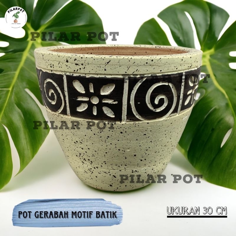 Jual POT BUNGA TANAMAN GERABAH TANAH LIAT MOTIF BATIK CREAM D30 T25 ...
