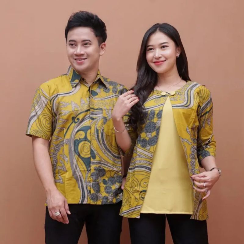 Jual couple batik lukis abstrak kuning kombinasi original hilmi super ...