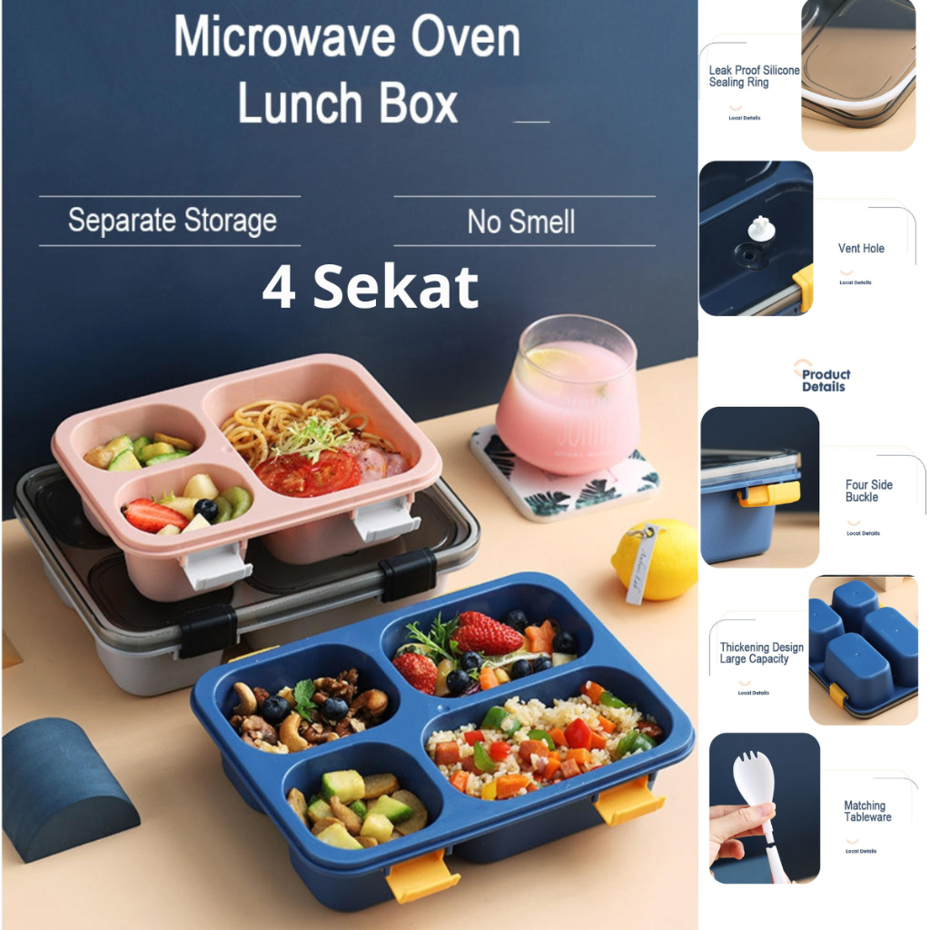 Jual Lunch Box Kotak Tempat Makan 4 Sekat Ompreng Bekal Anak Sekolah Kantoran Anti Tumpah 1250ml ...