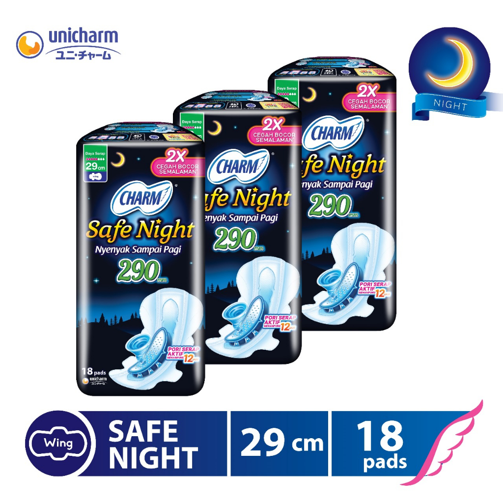 Jual Charm Pembalut Safe Night 29cm Wing 18 pads - 3 Packs | Shopee ...