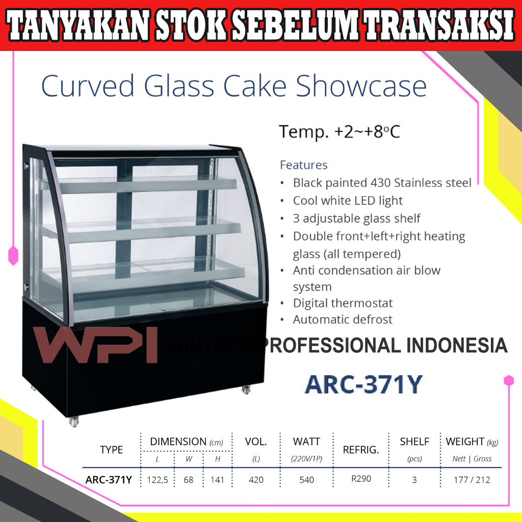 Jual Gea ARC-371Y Curved Glass Cake Showcase - Lemari Display Pendingin ...