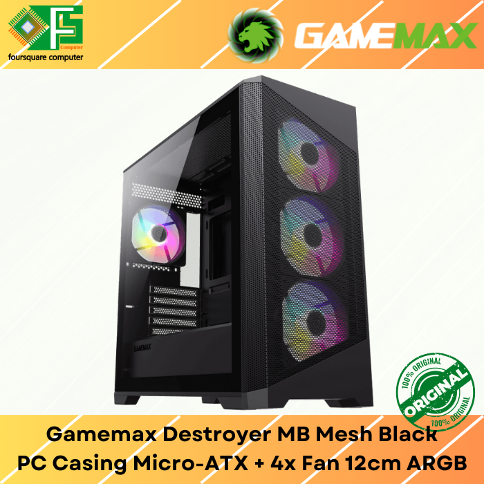 Jual Gamemax Destroyer MB Mesh Black 4x Fan ARGB | Casing PC M-ATX ...