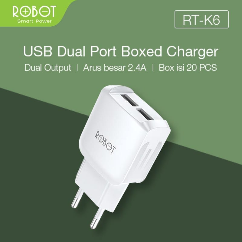 Jual Charger Adaptor ROBOT RT-K6 2.4A Dual Port USB Fast Charger Casan ...