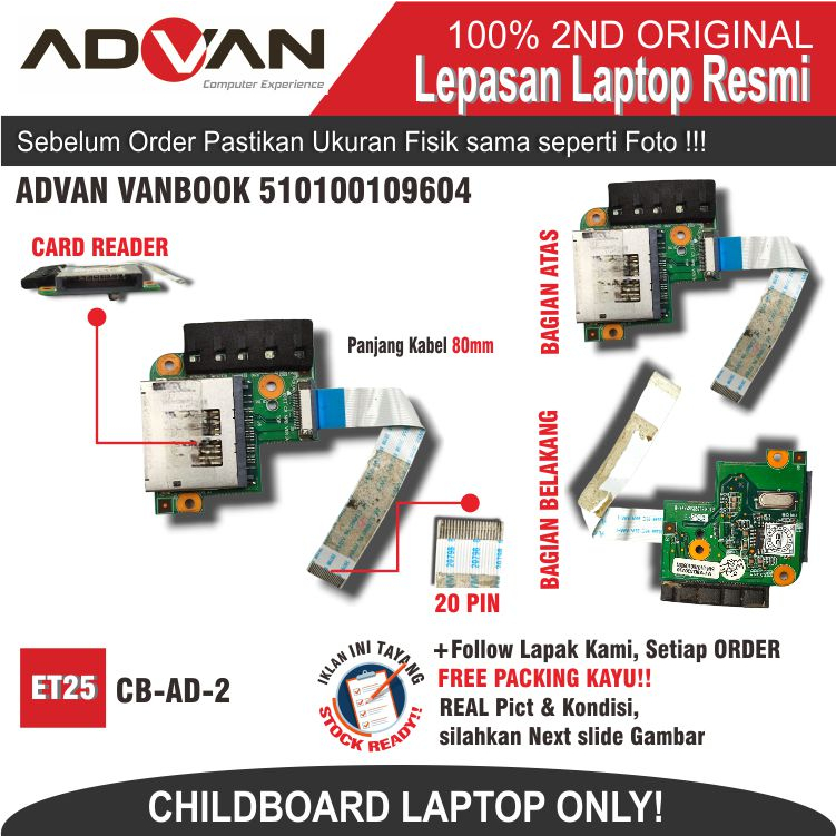 Jual ET25 CB-AD-2 SD CARD READER BOARD CHILDBOARD ADVAN VANBOOK ...