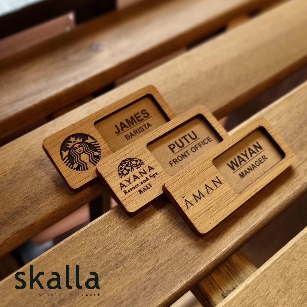 Jual name tag reusable kayu badge papan nama dada wooden nametag custom ...