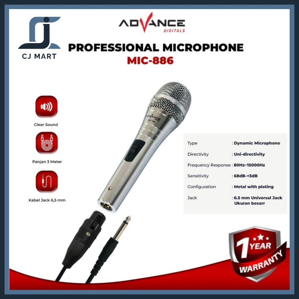 Jual Advance MIC-886 Single Profesional Dynamic Microphone Jack Besar 6 ...