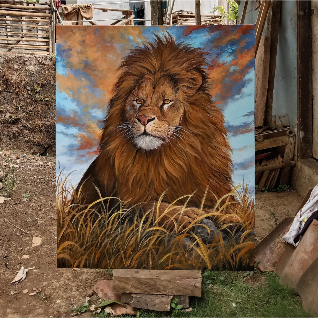 Jual lukisan realis singa ukuran 60cm x 80cm sudah full spanram rangka ...