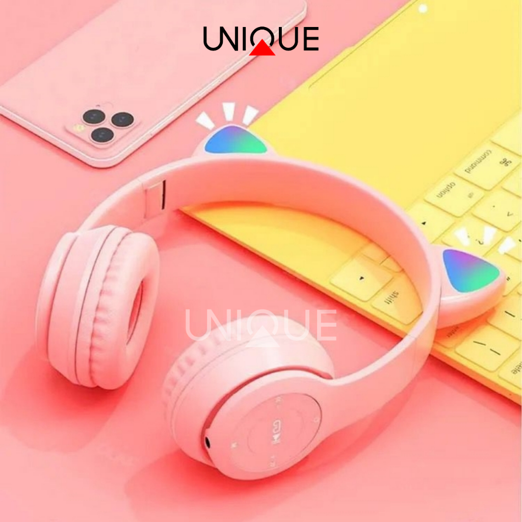 Jual UNIQUE P47M Headphone Headset Bluetooth Gaming Cat Ears Wireless ...