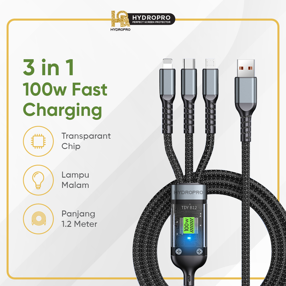 Jual HYDROPRO Kabel Data Iphone Type C Micro 100W 3 in 1 Fast Charging USB to Lightning Type C ...