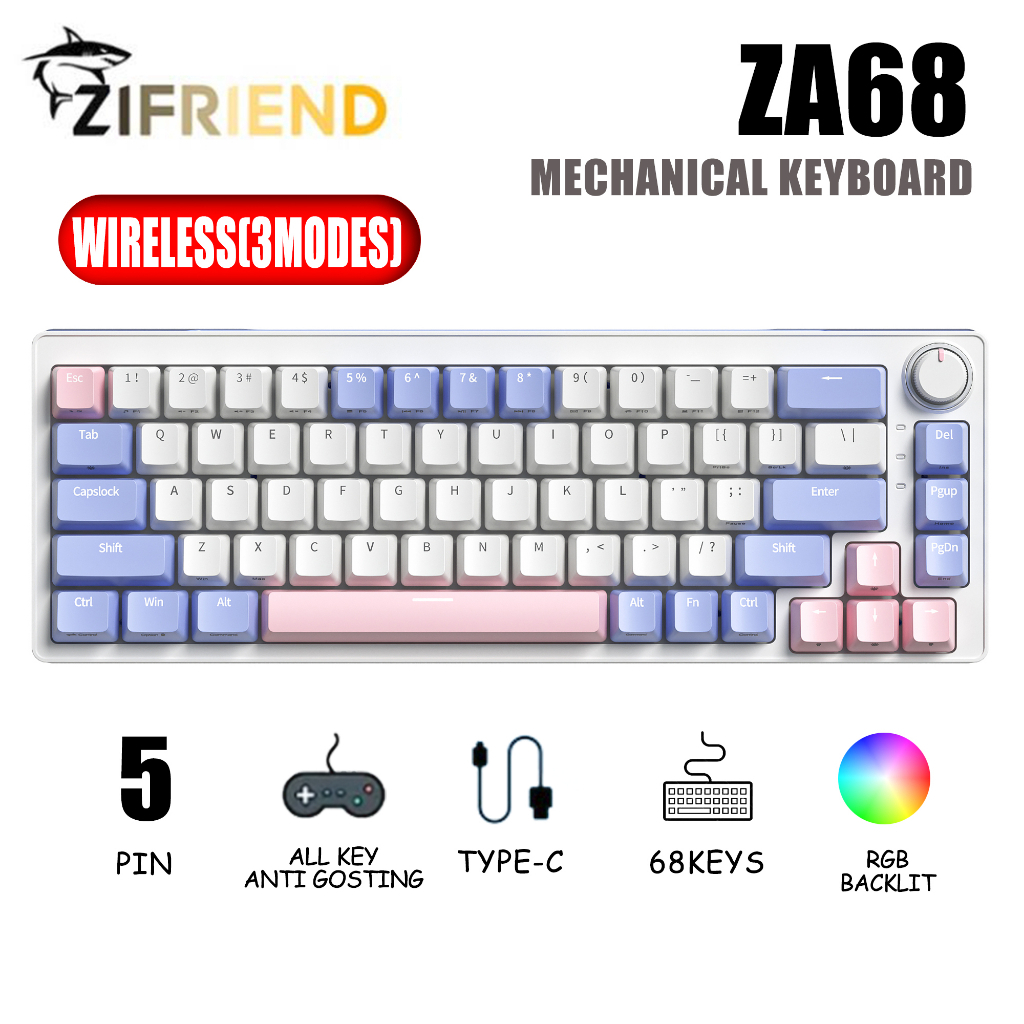 Jual ZIFRIEND ZA68 Mechanical Gaming Keyboard 3 modes 5pin Hotswap Rgb ...
