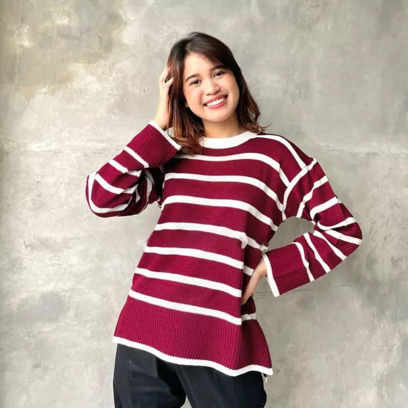 Jual Sweater Rajut Premium / Haru Sweater Rajut Oversize / Atasan Wanita Motif Garis Tangan ...